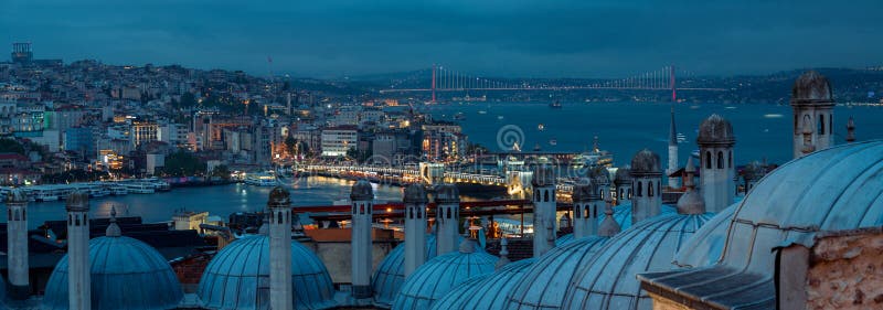 Istanbul Bosphorus Night Panoramic Blue Hour Photo. View on Galata ...