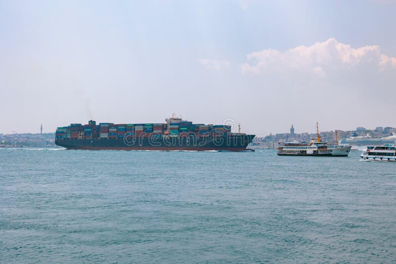 Istanbul Bosphorus Strait Ship Traffic. a Container Ship and Ferries ...