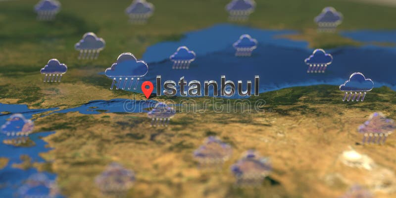 Istanbul City and Rainy Weather Icon on the Map, Weather Forecast ...