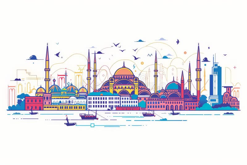 Istanbul City Skyline Editable Outline Illustration on White Background ...