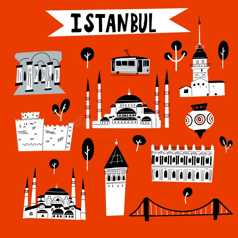 Istanbul. Funny Vector Illustration of Istanbul Attractions and ...