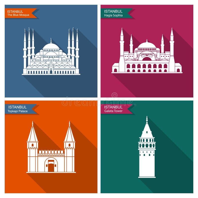 Istanbul Landmarks and Monuments. Vector Flat Icons with Shadow Stock ...