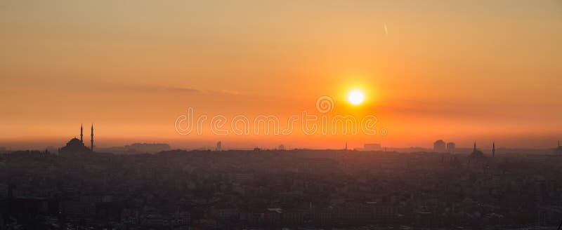 Istanbul Mosque at Sunset, High Contrast Profile, Panoramic View Stock ...