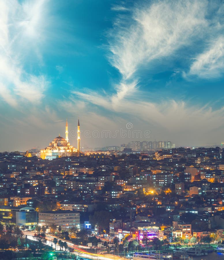 Istanbul Night Aerial View with City Mosques Stock Photo - Image of ...
