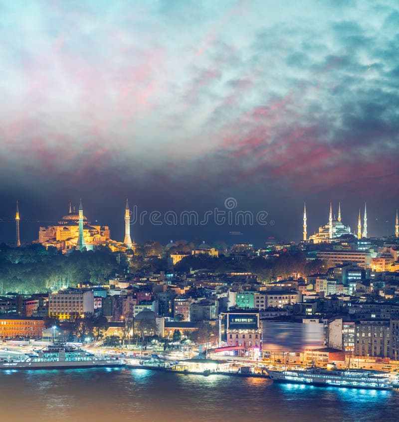 Istanbul Night Aerial View with City Mosques Stock Photo - Image of ...