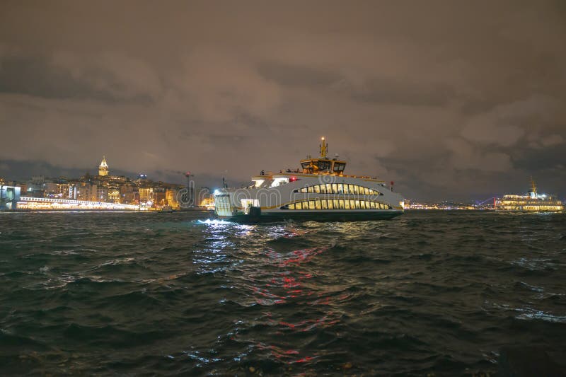 Istanbul Night View. Ferry and Galata Tower Stock Photo - Image of tour ...