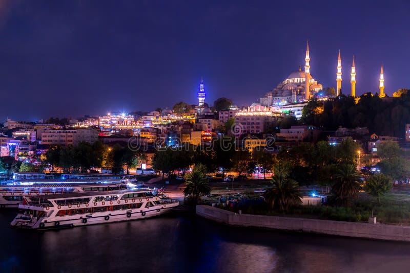 Istanbul Panorama at Night with a Mosque. Istanbul, Turkey Stock Photo ...