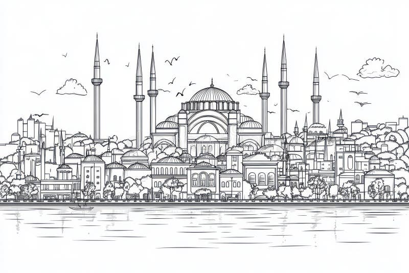 Istanbul Skyline Mosque Cityscape Black and White Drawing Stock ...