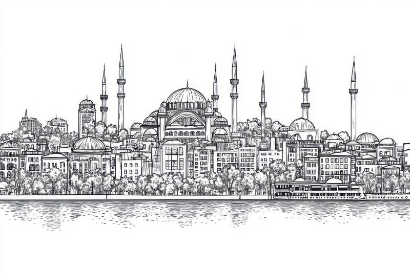 Istanbul Skyline Mosque Cityscape Black and White Sketch Stock ...