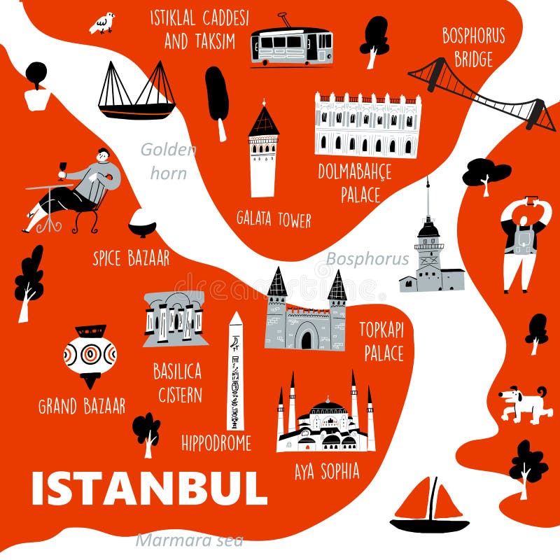 Istanbul Stylized Map with Main Tourists Attractions and Cultural ...