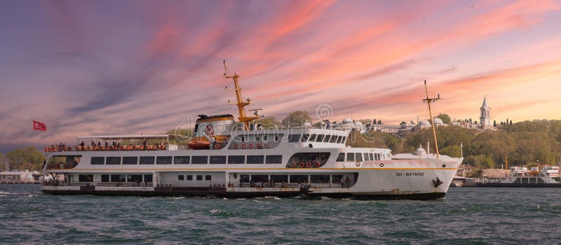 Modern Ferry Boat Sailing in Bosphorus Strait with Galata Tower in the ...