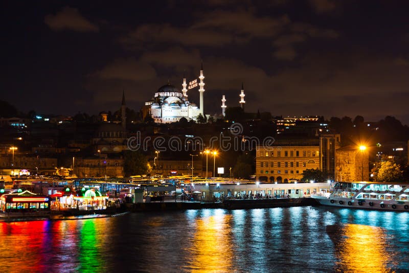 Panorama Os Istanbul and Bosporus at Night Stock Photo - Image of ...