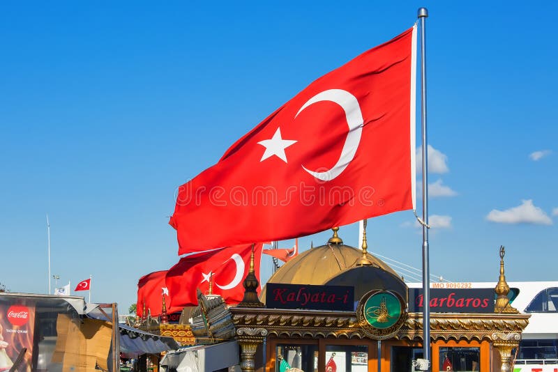 ISTANBUL, TURKEY - October 10th, 2019: Turkish Flag in Eminonu Pier ...