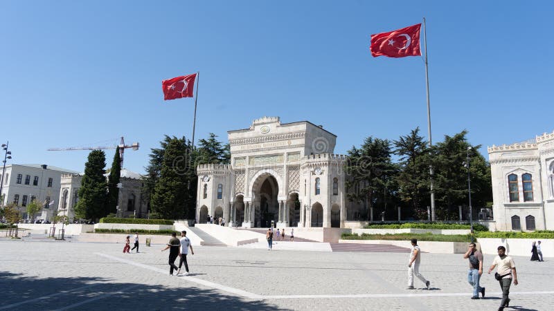Istanbul University Main Gate with Turkish Flags on Clear Day Editorial ...