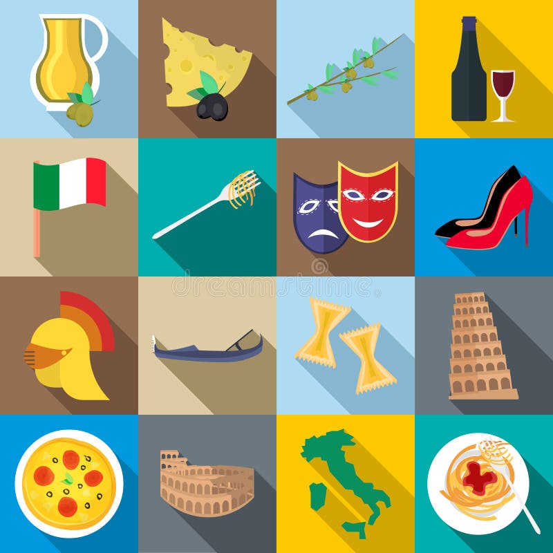 Italia Icons Set, Flat Style Stock Illustration - Illustration of ...