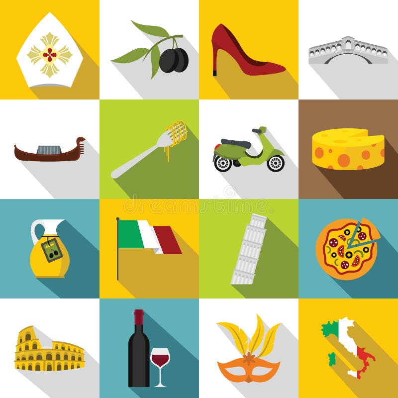 Italia Icons Set, Flat Style Stock Vector - Illustration of cheese ...