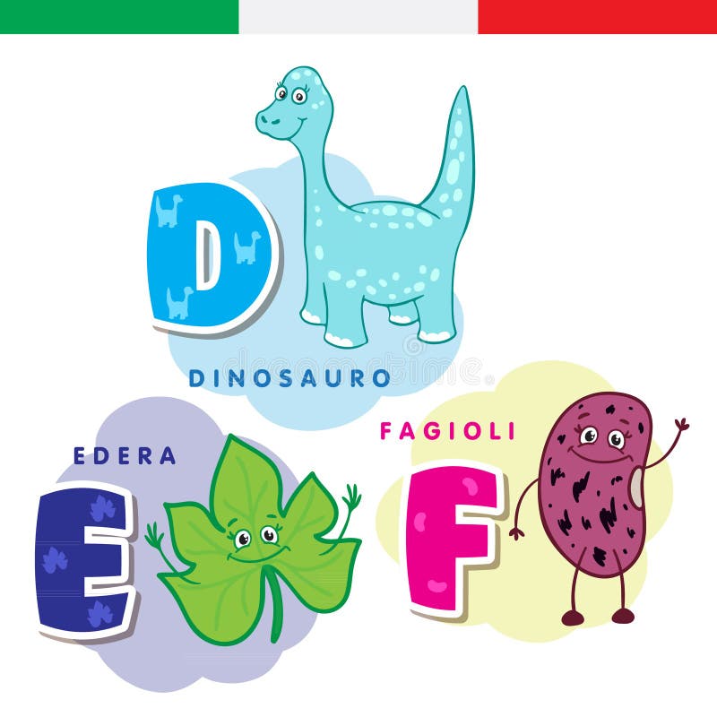 Italian Alphabet. Dinosaur, Ivy, Beans. Vector Letters and Characters ...