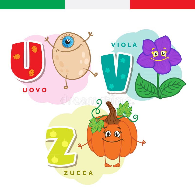 Italian Alphabet. Egg, Violet, Pumpkin. Vector Letters and Characters ...