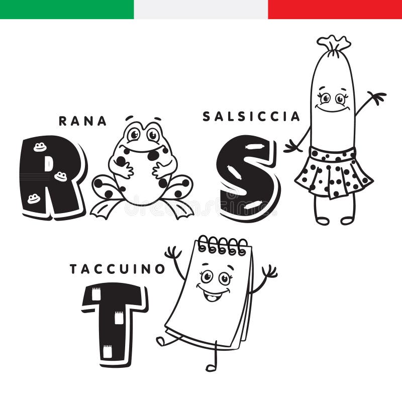 Italian Alphabet. Frog, Sausage, Notepad. Vector Letters and Characters ...