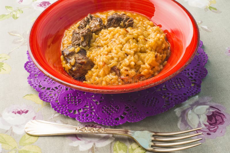 Italian Beef Risotto, Rice with Beef Meat Background Stock Photo ...