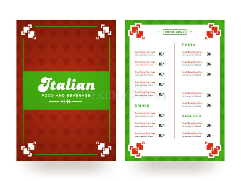 Italian Beverage and Food Menu Card Design. Stock Illustration ...