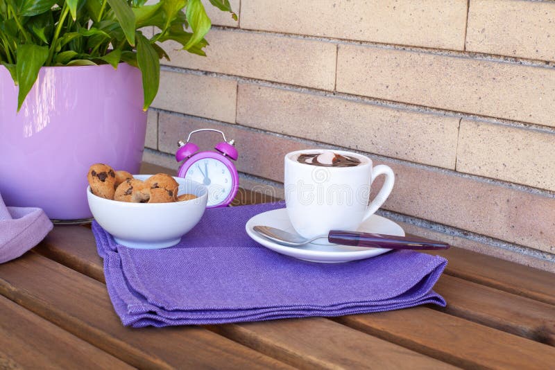 Purple Coffee in Stylized Mason Jar Cup with Macarons and Roses and ...