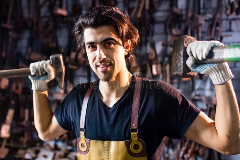 Italian Brunette Man Blacksmith Working in the Workshop Stock Photo ...