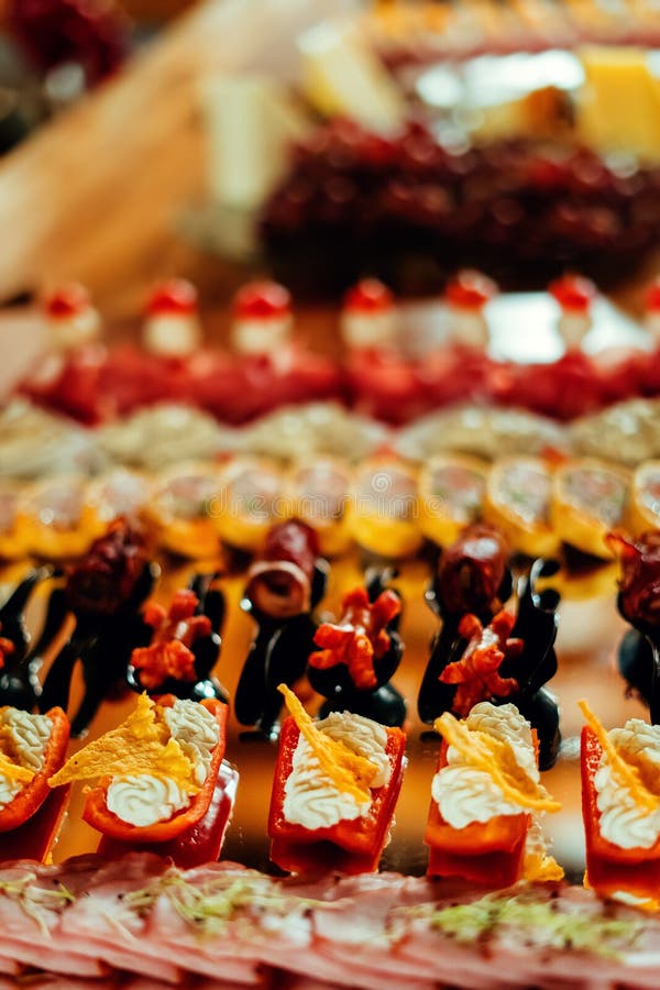 Italian Bruschetta or Crostini with Tomato Basil on Display Boar Stock ...