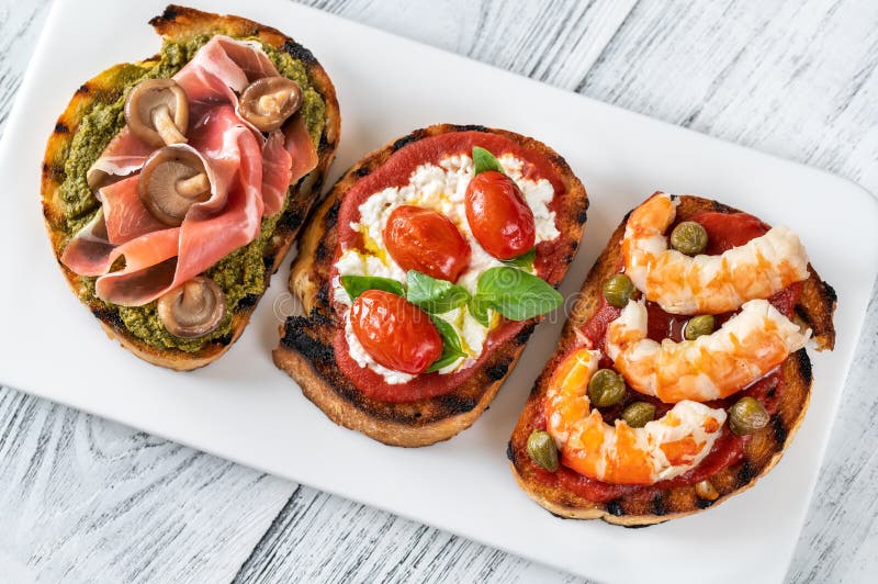Italian Buschettas with Different Toppings Stock Image - Image of diet ...