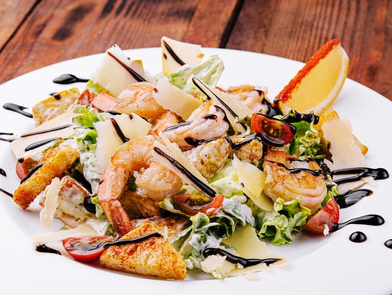 Italian Caesar Salad with Shrimp, Croutons and Parmesan Stock Image ...