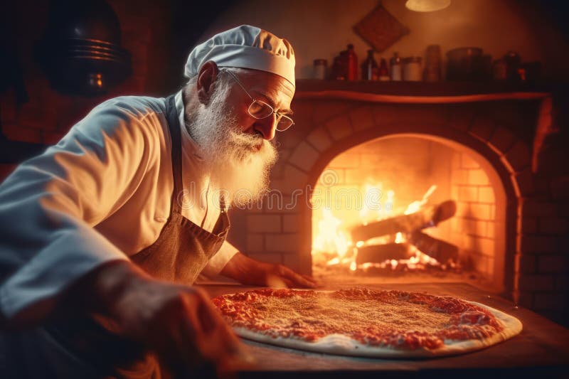Italian Chef Making Pizza in the Front Traditional Oven with Ai ...