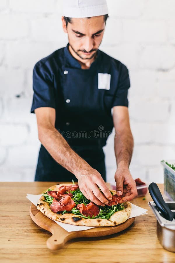 Italian Chef Pizzaiolo Making Pizza in Restaurant Kitchen Stock Image ...