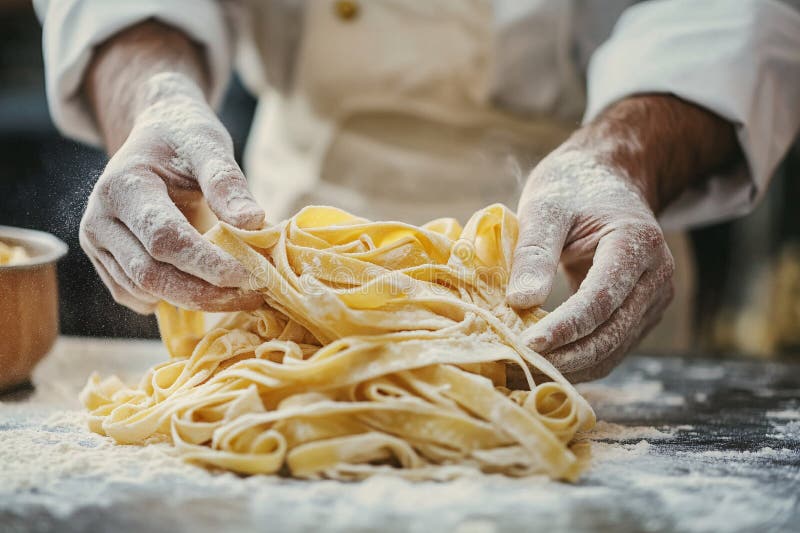 An Italian Chef in a White Apron, Making Fresh Pasta by Hand, with ...