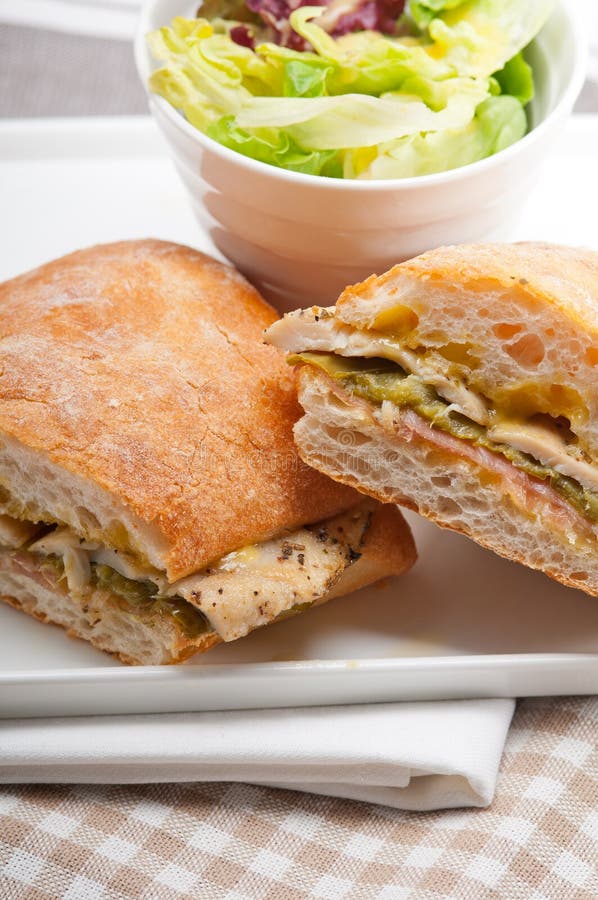 Ciabatta Panini Sandwich with Chicken and Tomato Stock Photo - Image of ...