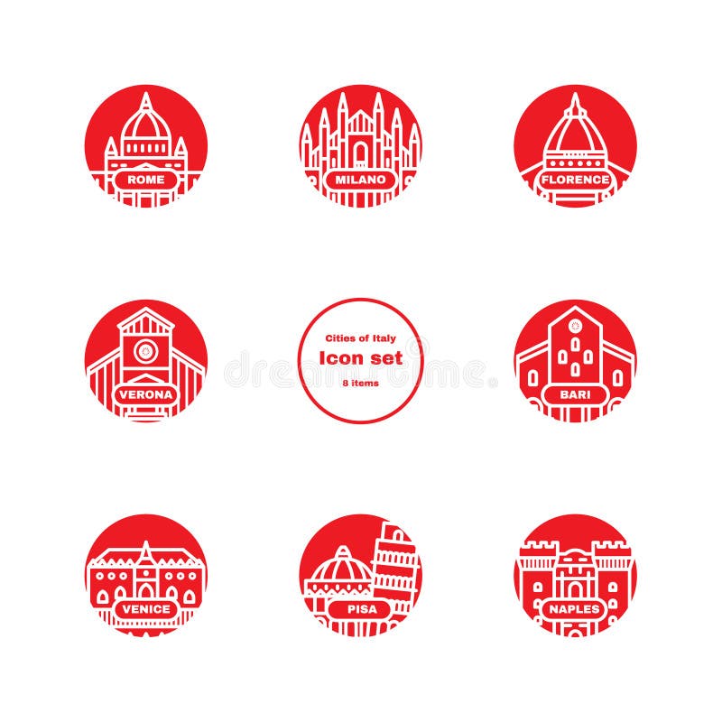 Italian cities icons set. stock vector. Illustration of leaning - 110211440