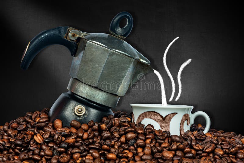 Italian Coffee Maker with Cup and Roasted Coffee Beans Stock Image ...