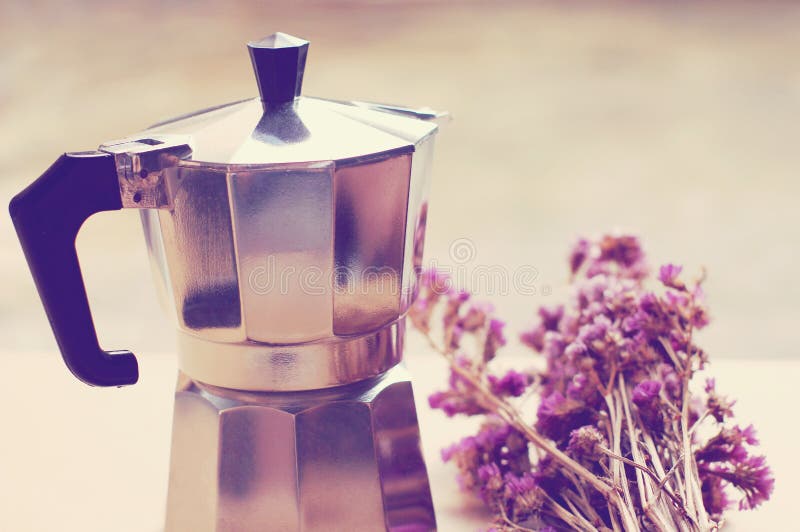 Italian Coffee Maker and Flower with Retro Filter Stock Image - Image ...