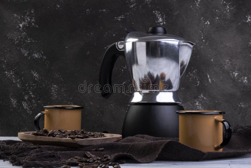 Italian Coffee Maker and Two Coffee Mugs with Roasted Coffee Beans in ...