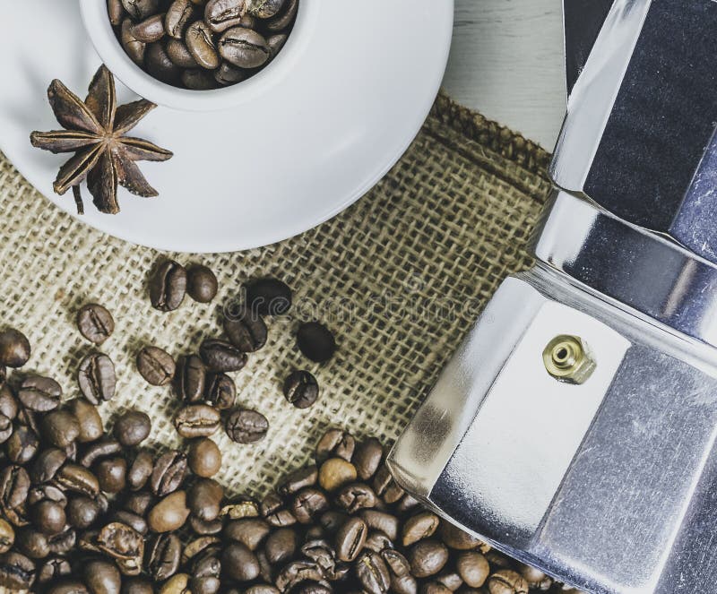 Italian Coffee Maker, White Cup with Spices and Coffee Beans Stock ...