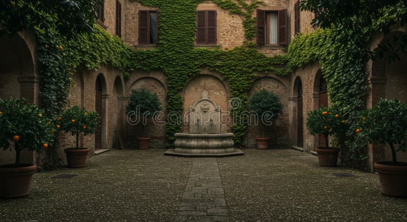 Italian Courtyard with Fountain and Potted Trees Stock Photo - Image of ...