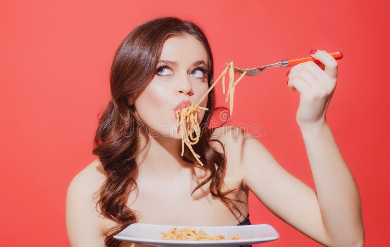 Italian Cuisine Concept Healthy Menu Woman Eat Tasty Pasta Food From