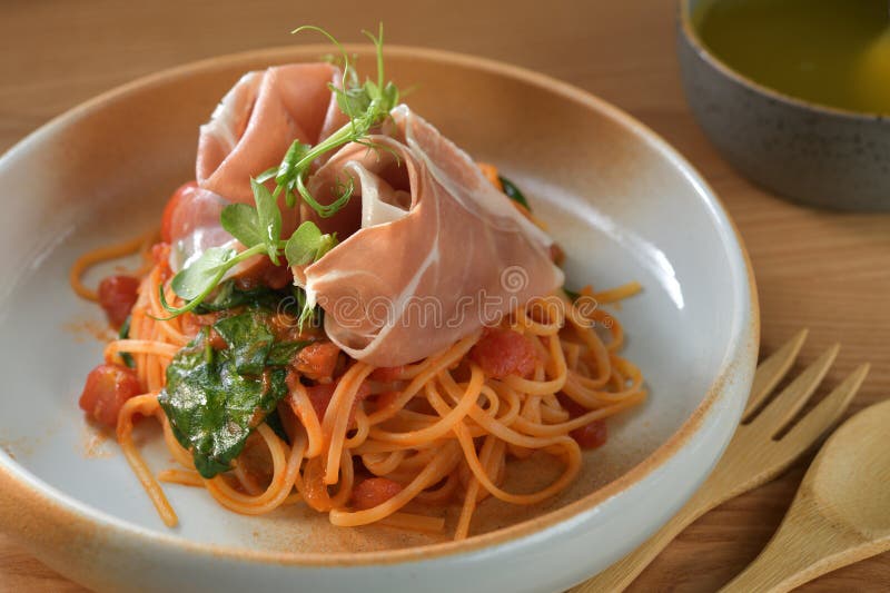 Italian Cuisine Parma Ham Pasta Linguine Stock Photo - Image of ...