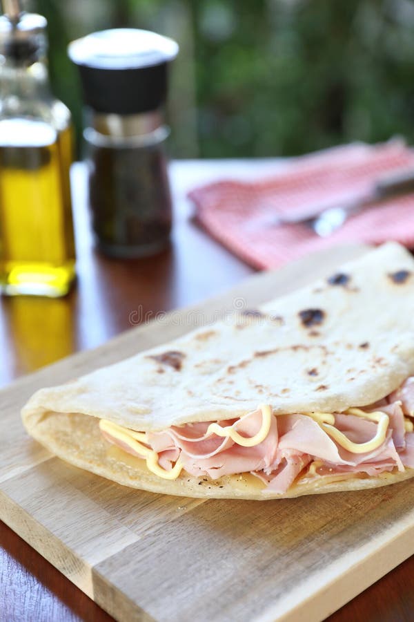 Italian Cuisine , Piadina with Italian Ham and Cheese in Closeup Stock ...