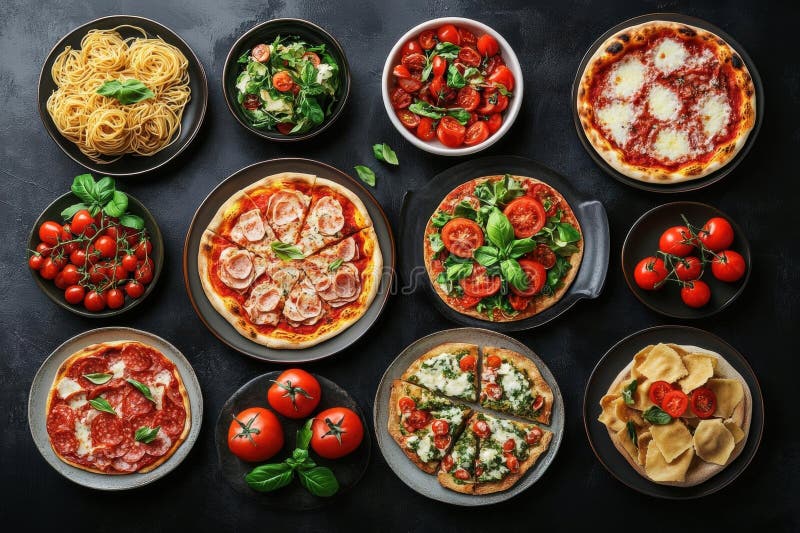 Italian Feast, a Culinary Journey with Pizza, Pasta, and Fresh Tomatoes ...