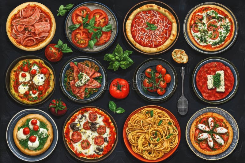 Italian Feast, a Delightful Spread of Pizza, Pasta, and Salads Stock ...