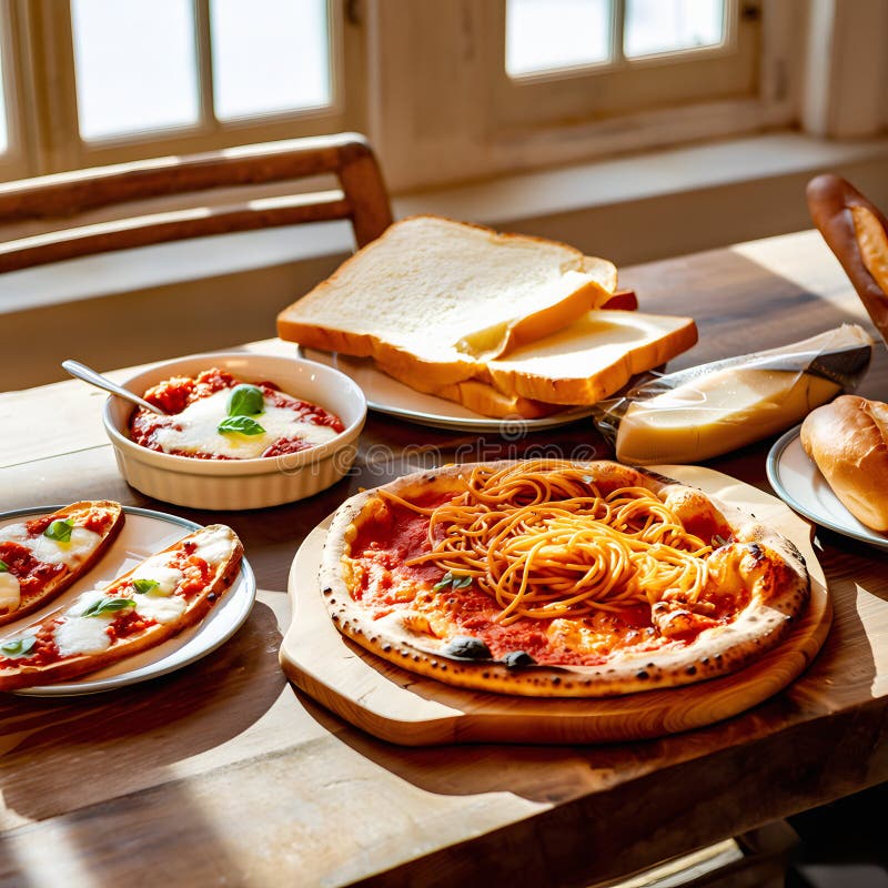 Italian Food on Display Pasta, Pizza and Bread Stock Photo - Image of ...