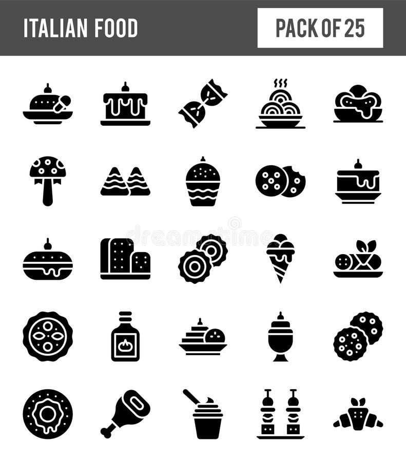 25 Italian Food Glyph Icon Pack. Vector Illustration Stock Vector ...