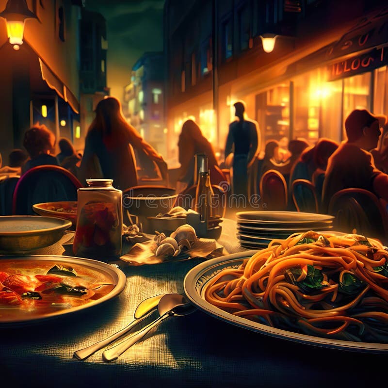 Italian Food in Public Restaurant Stock Illustration - Illustration of ...