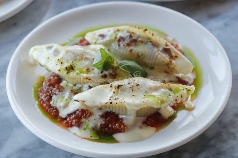 Italian Food Shell Pasta Dish Stuffed with Beef in Close Up on a Dining ...