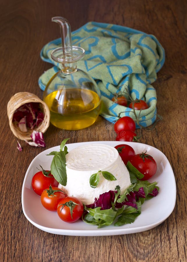 Fresh Ricotta with Basil Leaf on Wooden Table Stock Image - Image of ...